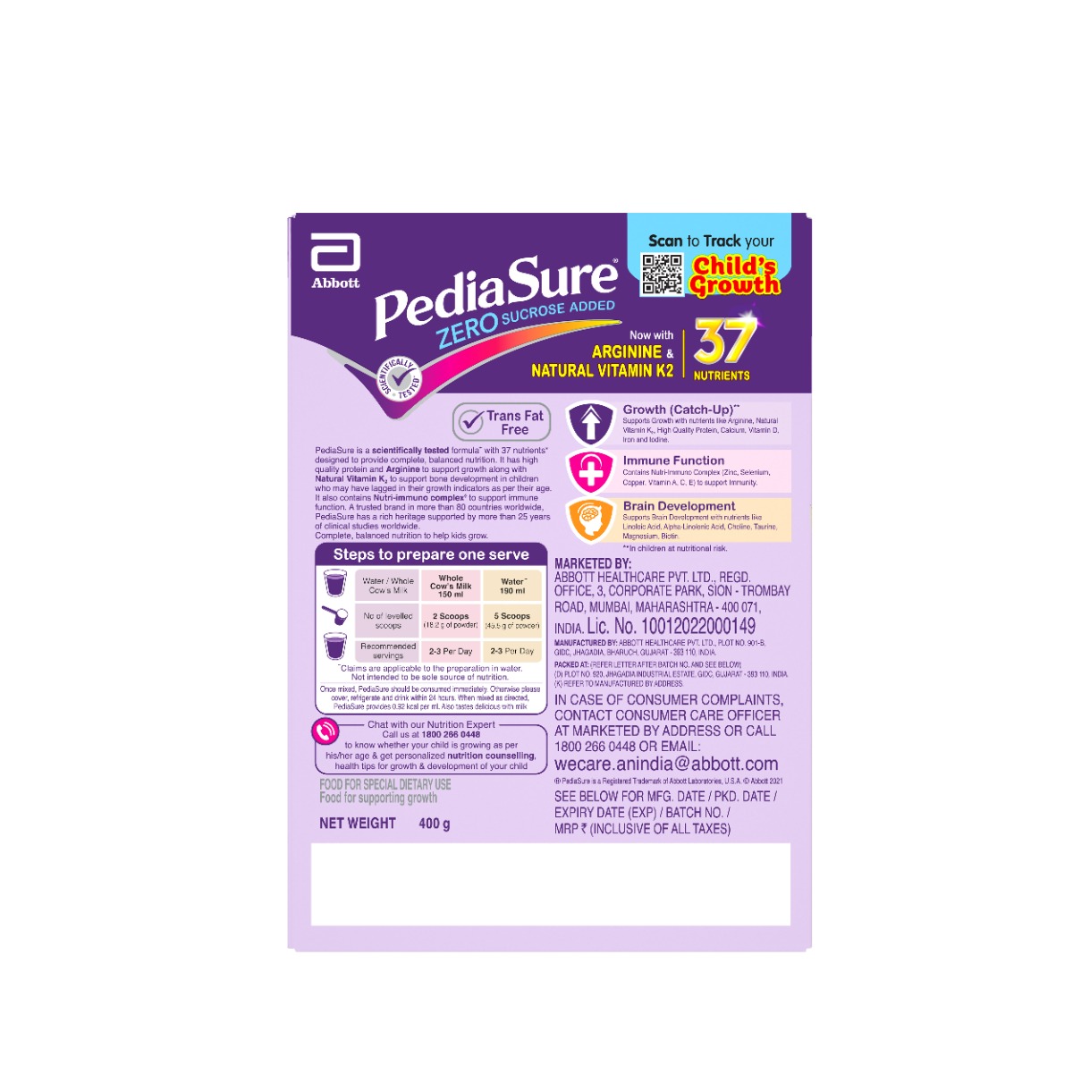 PediaSure Zero Sucrose Added Vanilla Flavour Powder, 400 gm Price, Uses ...