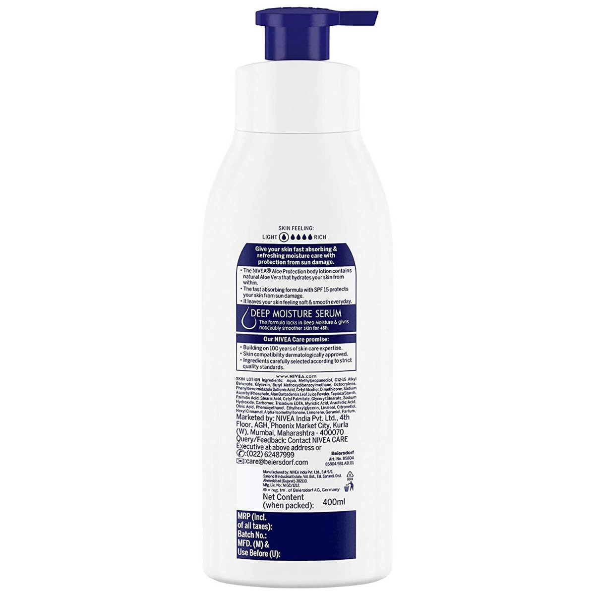 Nivea Aloe Protection SPF 15 Body Lotion, 400 ml Price, Uses, Side ...