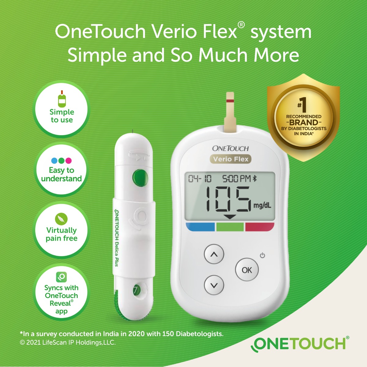 OneTouch Verio Flex Blood Glucose Monitor with OneTouch Reveal mobile ...